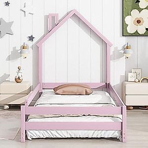Twin Size Platform Bed, Wooden Platform Bed Frame with House-Shaped Headboard, Floor Bed with Fences for Kids Boys Girls Bedroom (Pink 01)