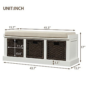 Harper&Bright Designs Entryway Storage Bench Rustic Storage Bench with 3 Removable Basket, Shoe Bench Storage Bench with Removable Cushion for Living Room, Entryway, Hallway (White)