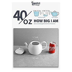 Sweese 220.101 Porcelain Teapot, 40 Ounce Tea Pot - Large Enough for 5 Cups, White