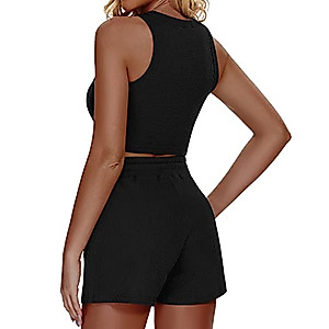 Funlingo Women's 2023 Waffle Knit Sleeveless Crop Top and Shorts Lounge Pajama Matching Sets Sweatsuits Tracksuits 2 Piece Summer Outfits Black M