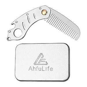 AhfuLife Stainless Steel Hair & Beard Comb, Multifunctional Folding EDC Pocket Comb with Bottle Opener, Anti-Static Hair & Beard Care Comb, Presented in Gift Box