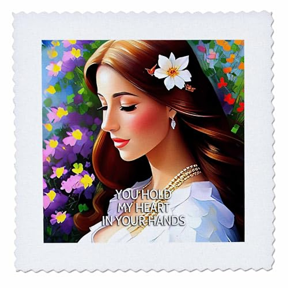 3dRose You Hold My Heart in Your Hands. Beautiful Young Lady in The... - Quilt Squares (qs-379144-1)