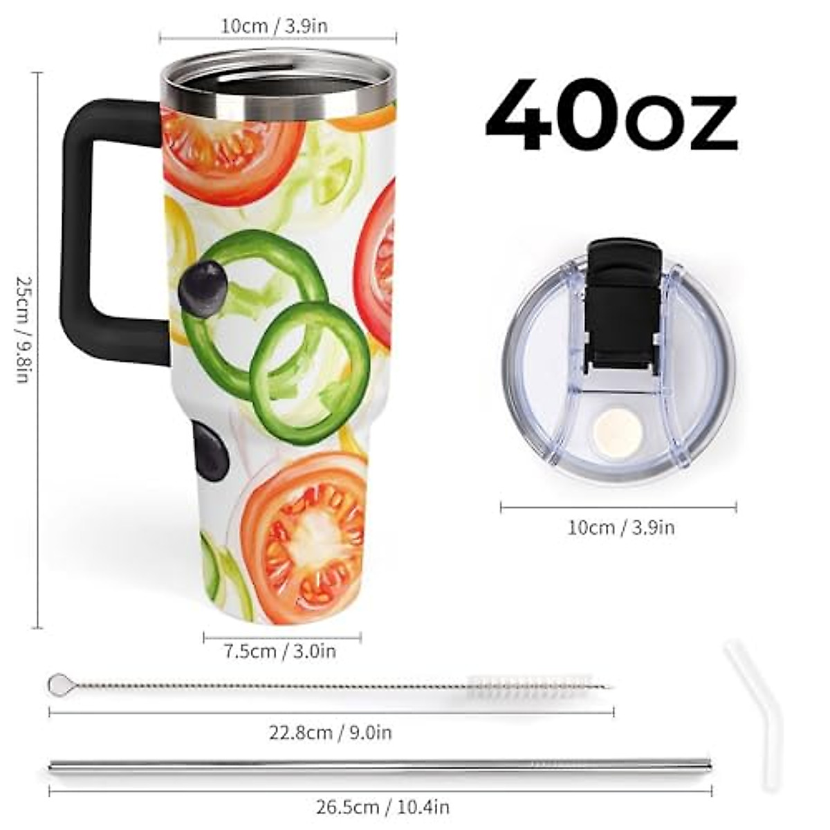 Sliced ​​Pepper Tomato Onion 40oz Water Bottle Double Wall Insulated Tumbler with Handle Leakproof Travel Mug Black-style