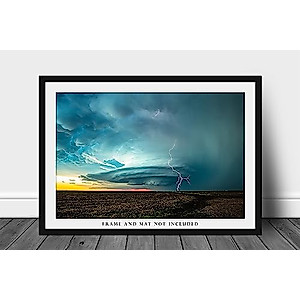 Storm Photography Print (Not Framed) Picture of Supercell Thunderstorm with Lightning Bolt on Spring Evening in Kansas Weather Wall Art Nature Decor (8" x 10")