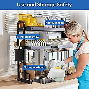 BOOSINY Over The Sink Dish Drying Rack, 2 Tier Stainless Steel Large Adjustable Kitchen Dish Drainer, Home Storage Organizer Shelf Above Counter with 6 Hooks