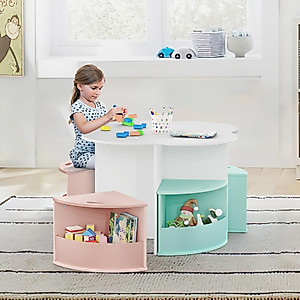 Curipeer Toddler Table and Chair Set with 4 Storage Stools, Flower Shaped Nesting Design Table with Built-in Pen Holder, Kids Table for Activity/Play/Art/Read/Craft, Pink & Mint Green