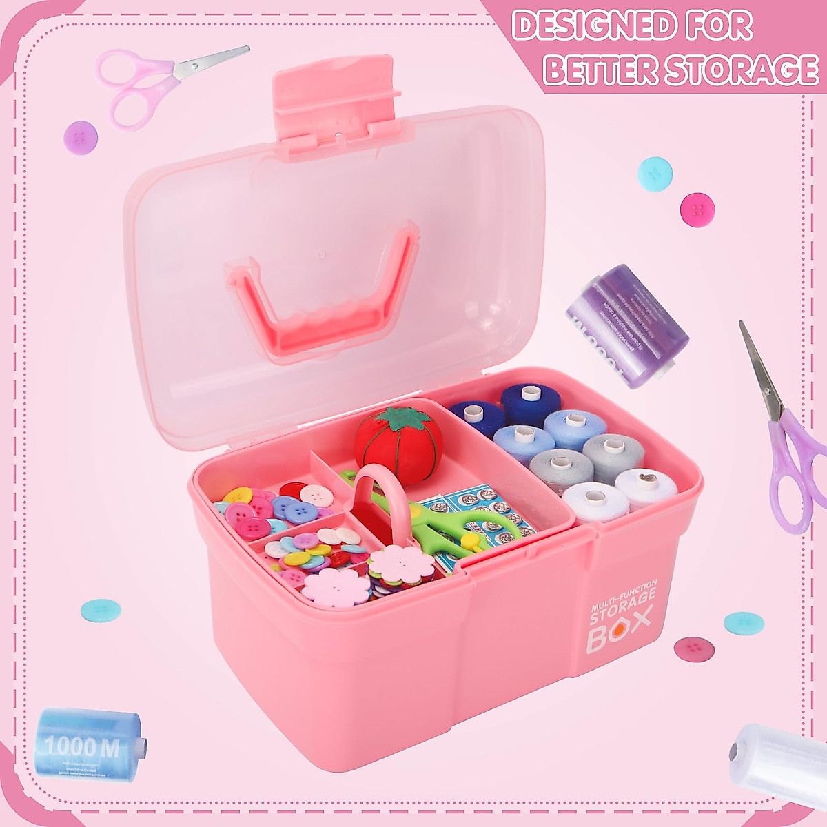 TERGOO 11in Mutipurpose Storage Box Organizer with Removable Tray, Portable Small Craft Box with Handle, Plastic Clear Tool Box Art Case for Makeup, Sewing, Nail, Hair Accessories (Pink)
