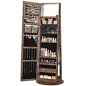 SONGMICS 360° Swivel Jewelry Cabinet, Lockable Jewelry Organizer with Full-Length Mirror, Rear Storage Shelves, Built-in Small Mirror, Jewelry Armoire, for Women, Rustic Brown UJJC006X01