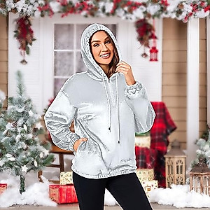 Joisal Alice Blue Fluffy Sweatshirt for Women, with Pockets, Women Clothes, Sherpa Pullover Hoodie Womens