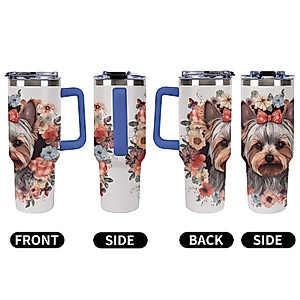 WYUSPGK 40oz Stainless Steel Car Mug, Yorkie Floral Print Travel Mug, Double-Wall Insulated with Straw, Perfect for Car, Office, Outdoor