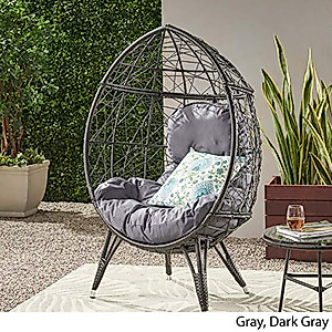 Great Deal Furniture Lillian Outdoor Wicker Teardrop Chair with Cushion, Gray and Dark Gray