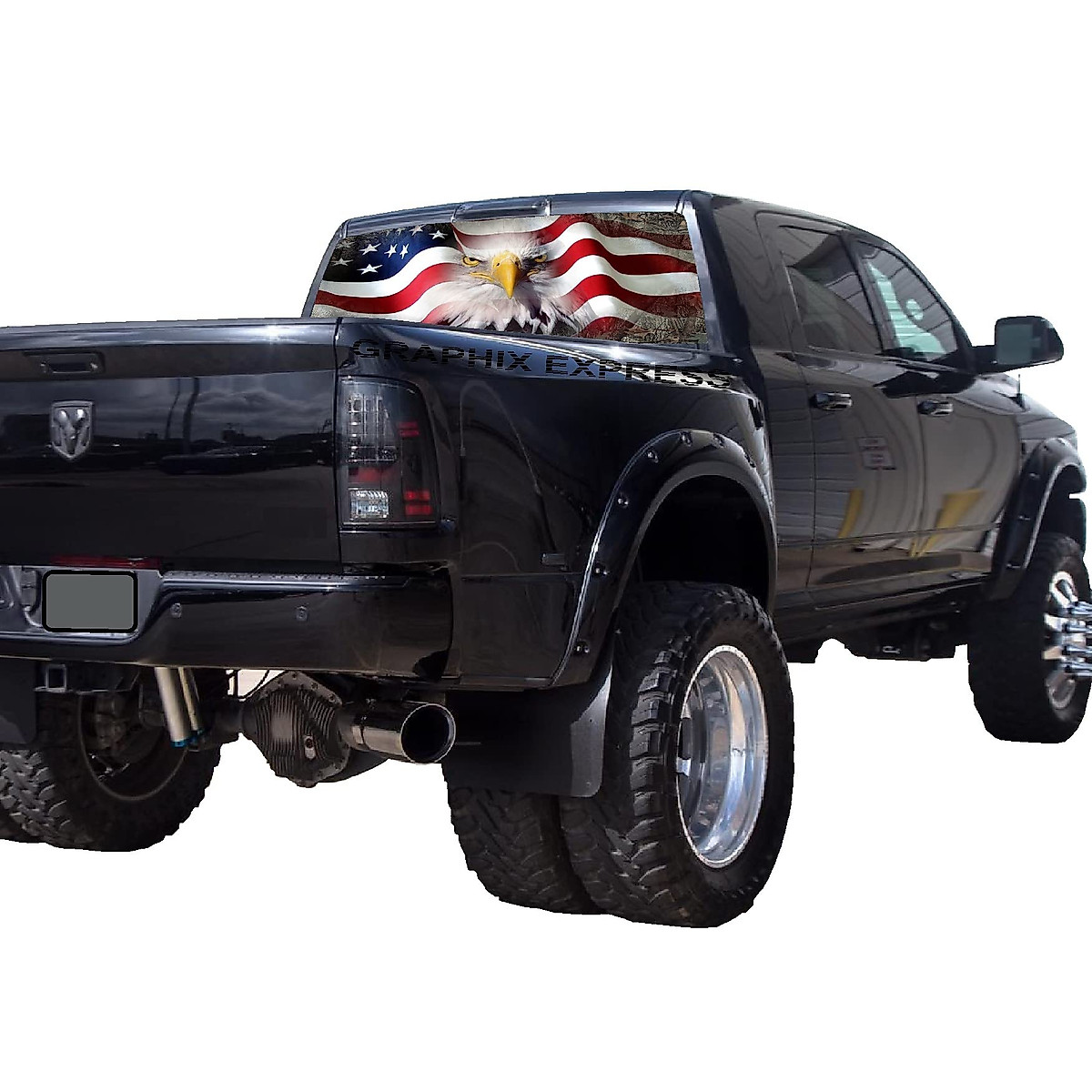 GRAPHIX EXPRESS Truck Back Window Graphics - Bald Eagle American Flag Decal (P534) - USA Flag with Eagle - Universal See Through Rear Window Vinyl Wrap - Full Window Decals for Trucks