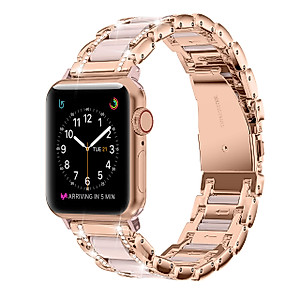 Moolia Metal Band Compatible with Apple Watch Band 38mm 40mm 41mm Women Rhinestones Resin Wristband Bling Diamond Bracelet Replacement for iWatch Series 9 8 7 6 5 4 3 2 1 SE Ultra, Rose Gold + Pink