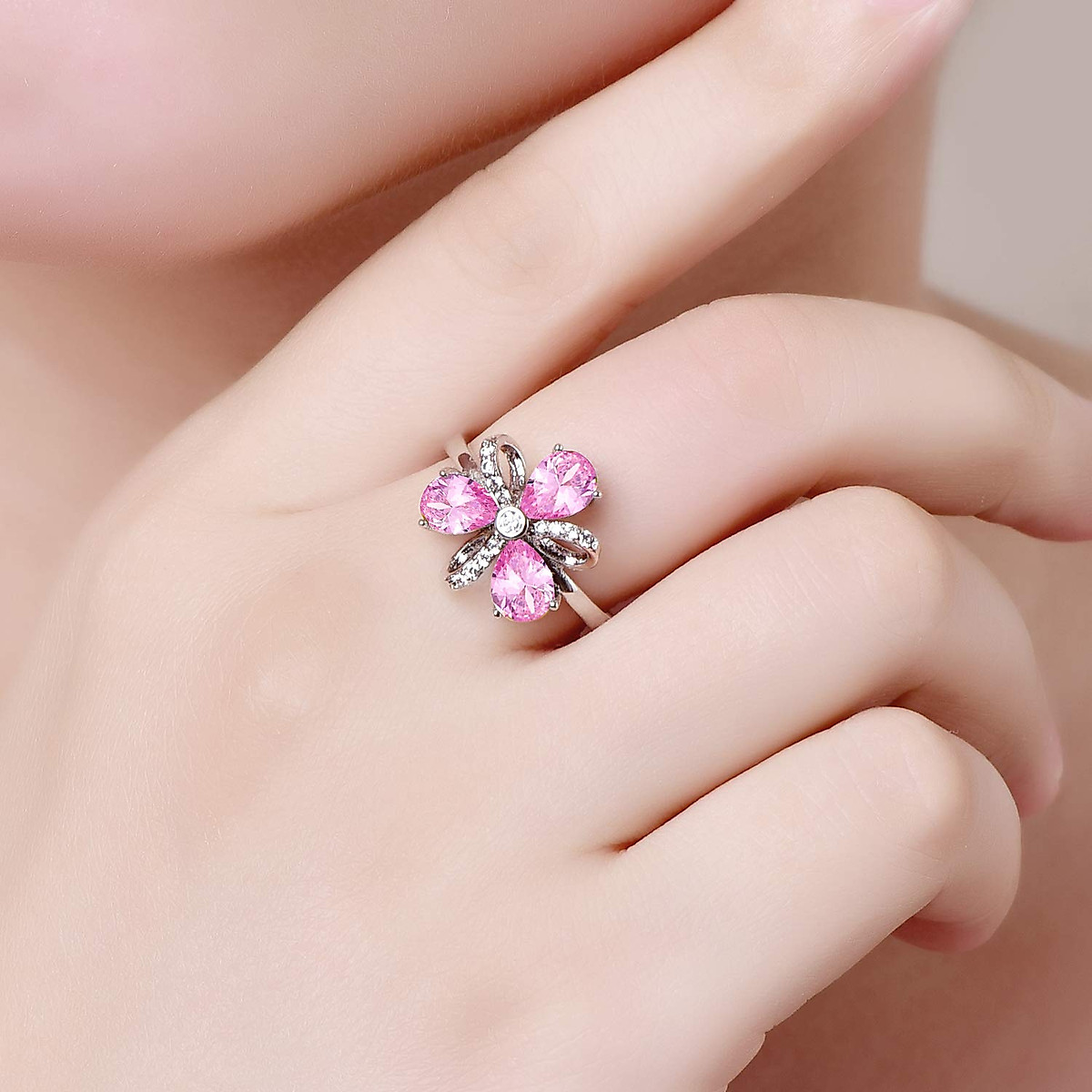 Emsione 925 Sterling Silver Plated Created Pink Topaz Pear Cut Clover Flower Eternity Anniversary Wedding Engagement Band Ring Size 8