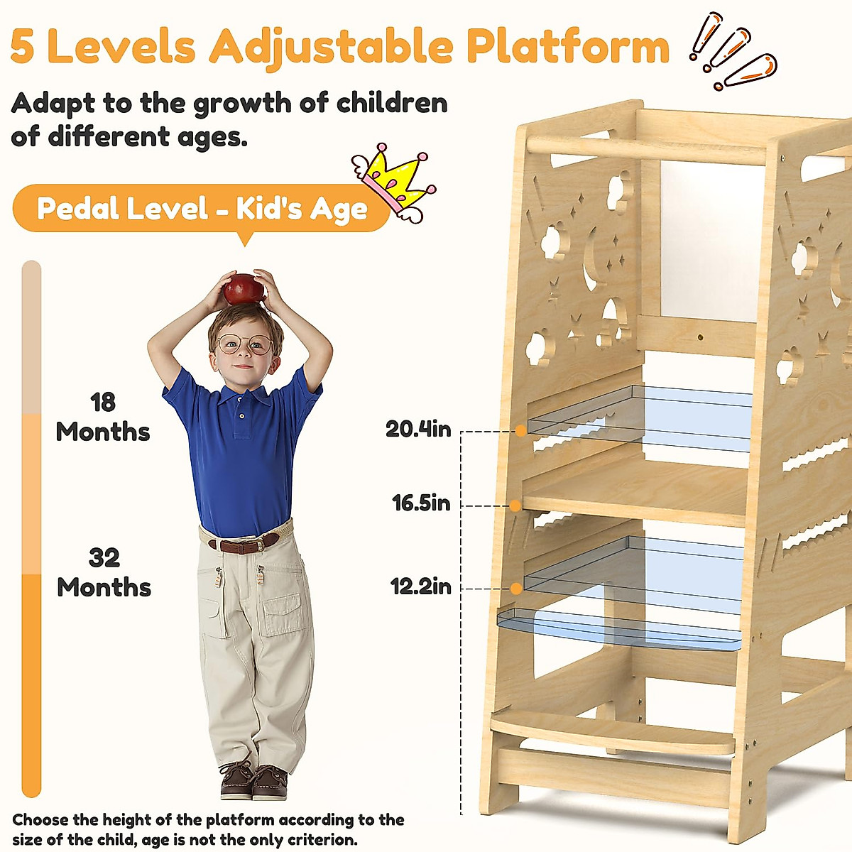 TOPBOYTOE Toddler Tower, Toddler Kitchen Stool Helper with Safety Rail, Natural Wood Kitchen Step Stool for Kids, Adjustable Height Montessori Learning Tower for Bathroom & Kitchen Counter