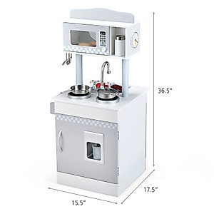 Costzon Kids Kitchen Playset, Double-Sided Wooden Play Kitchen Toy Set w/Realistic Sound, Oven, Ice Cube Dispenser, Utensils, Sink, Large Storage Space, Pretend Chef Cooking Set for Toddlers