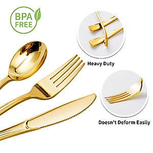 Goodluck 150 Gold Plastic Silverware, Gold Utensil Disposable, Plastic Cutlery Set of 50 Gold Forks, 50 Gold Spoons, 50 Gold Knives for Wedding, Party