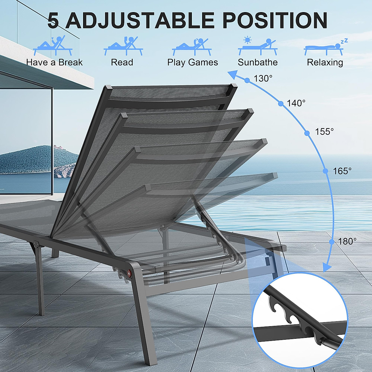 BSTOKCAM Set of 2 Chaise Lounge Chair, Foldable Outdoor Tanning Chaise Lounge with 5 Level Adjustable Backrest, Stainless Aluminum Lounge Chair for Patio, Pool, Beach - Grey