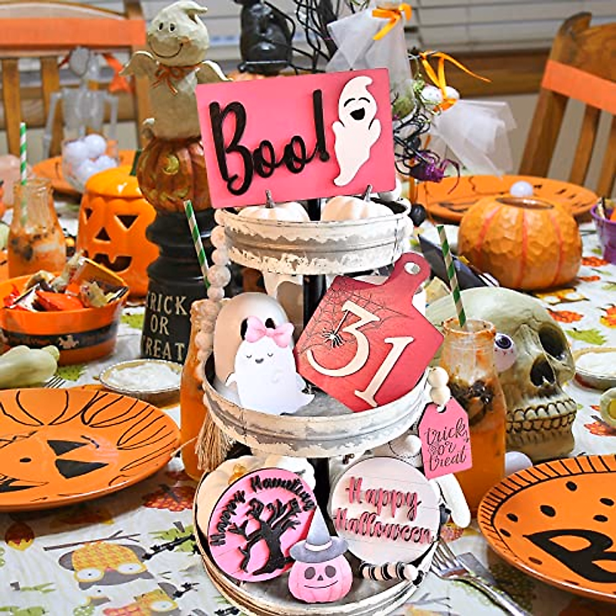Happy Halloween Tiered Tray Decoration Set, Cute Trick-or-Treat Ghosts Wooden Signs Decor, for Kitchen Home Table Mini Decor Holiday Party Supplies Rustic Farmhouse Tray Sets (D)