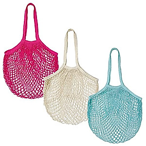 allydrew Cotton Mesh Net Shopping Bag, Grocery Bag for Vegetables, Produce (Set of 3), Hot Pink, Beige, Teal