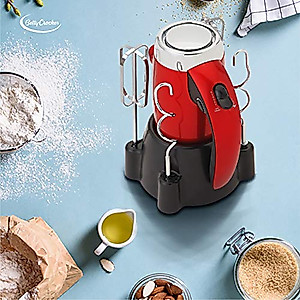 Betty Crocker 7 Speed Hand Mixer with Stand with Chrome Beater and Hooks, Metallic Red, BC-2208CMR, 6.06*8.66*6.65