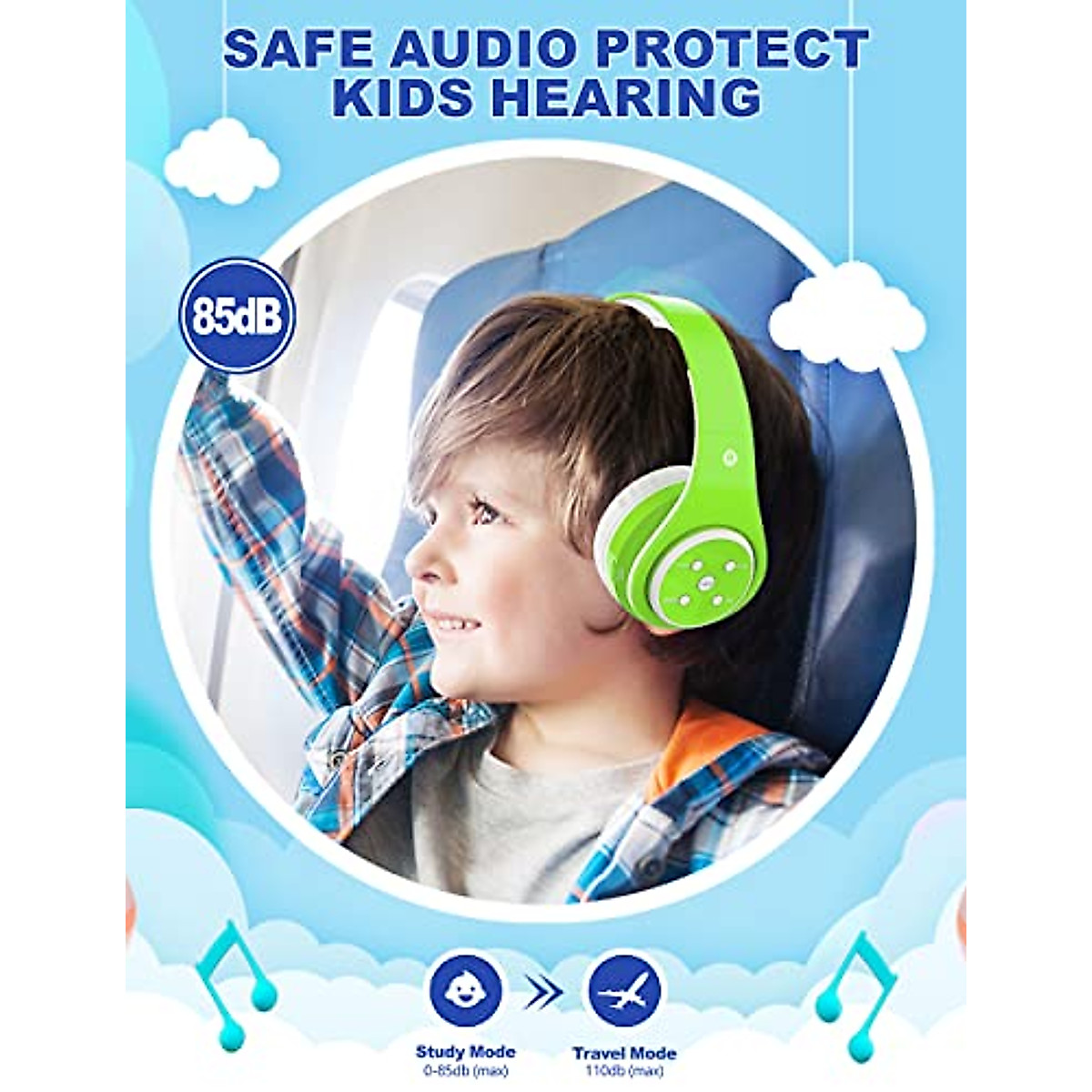 Kids Headphones Bluetooth Wireless 85db/110db Volume Limit Headset Fit for Aged 3-21 Over-Ear and Build-in Mic Wired & SD Card Mode Headphones for Boys Girls Travel School Phone Pad Tablet PC Green