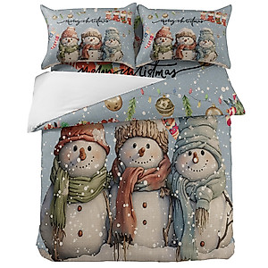 Christmas Snowman Winter Snowflakes Duvet Cover Sets 4 Piece Full Ultra Soft Bed Quilt Cover Set for Kids/Teens/Women/Men,Xmas Stocking Retro Linen Blue Bedding Collection All Season Use