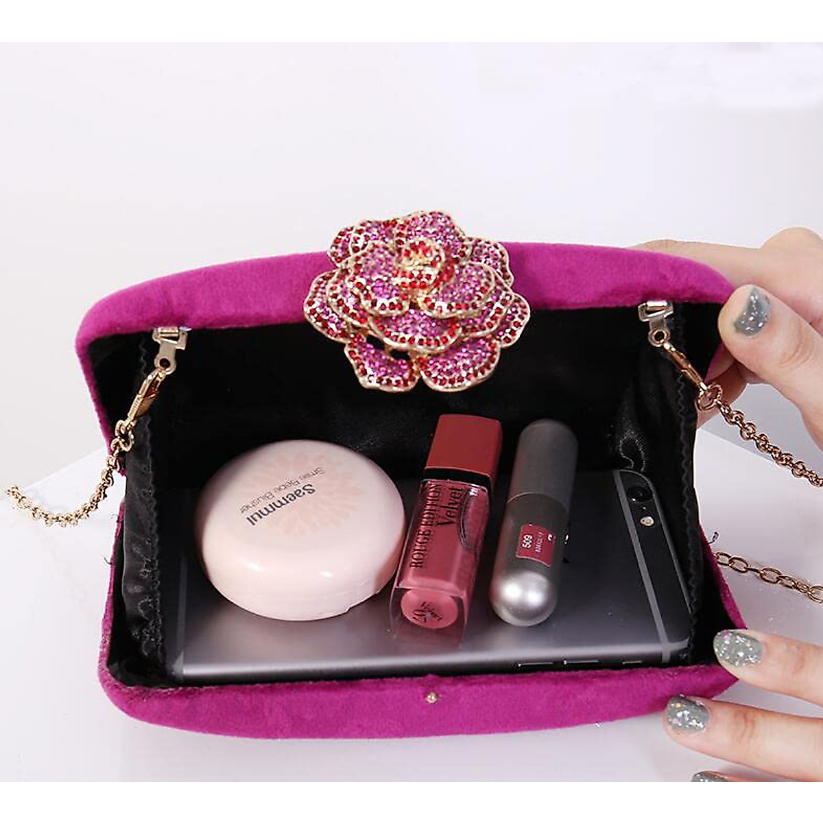 Women Velvet Evening Clutch Bag Beaded Flower Top Cocktail Party Handbag(Mint)