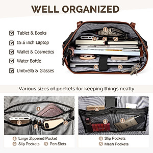 Kasqo Laptop Tote Bag for Women, 15.6 Inch Shockproof Computer Work Teacher Bag, Large Capacity Waterproof Handbag with Luggage Sleeve, Black and Brown