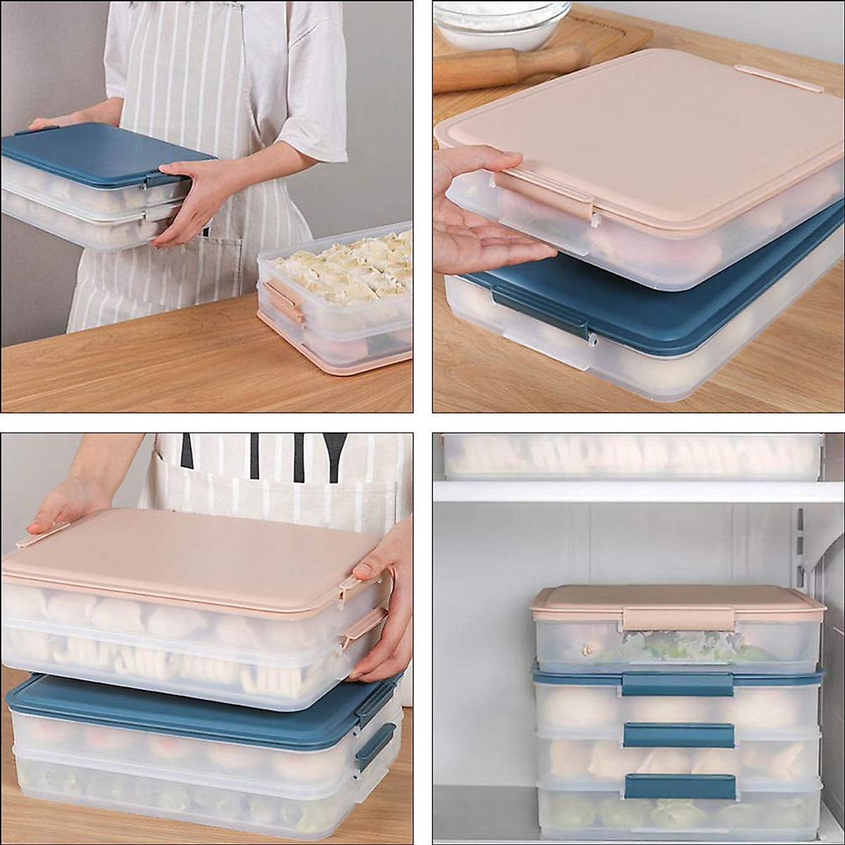 Hemoton Reusable Stackable Dumpling Food Containers Storage Organizer Dumpling Box Bins Holder with Lids for Refrigerator Blue