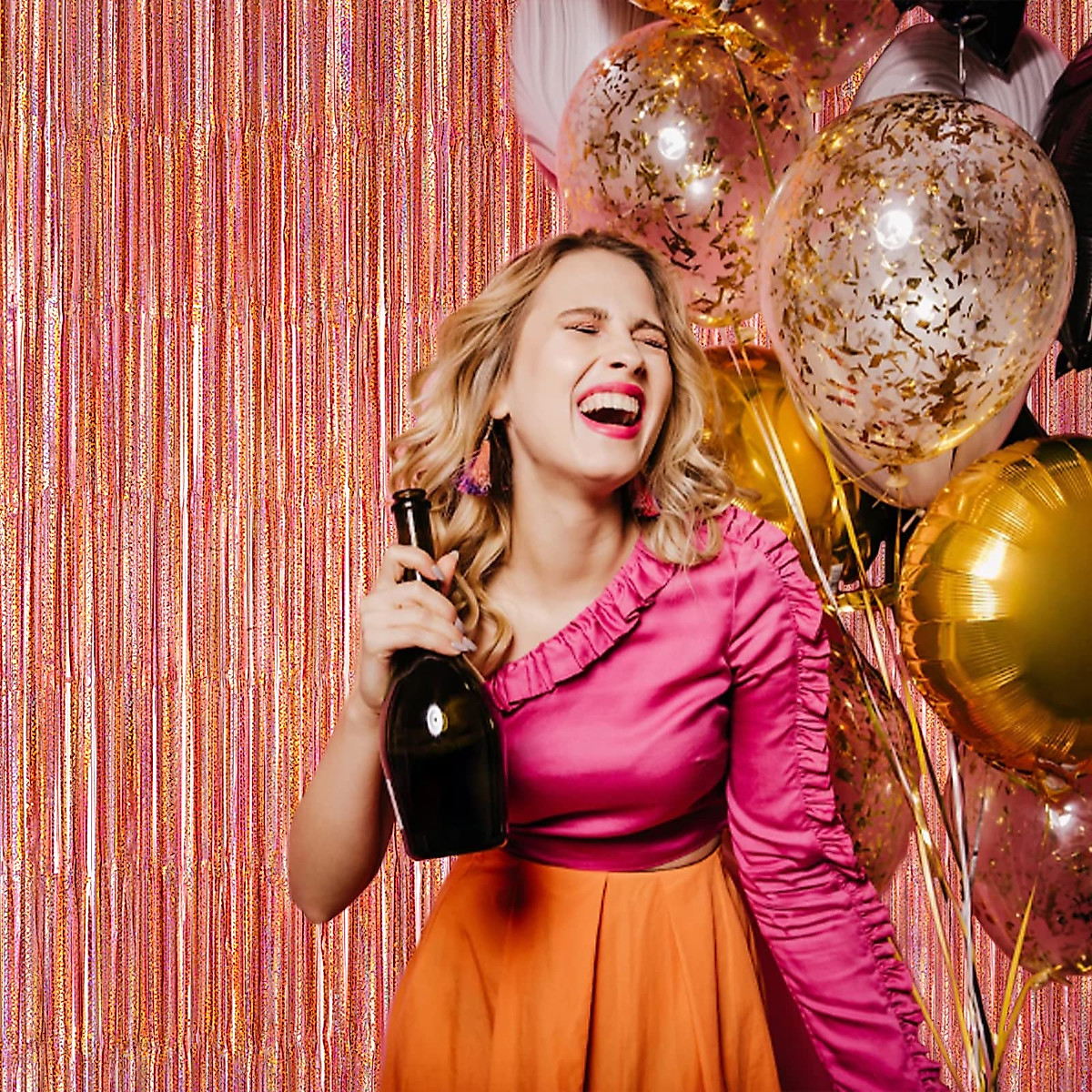 2 Pack 3.2ft x 8.2ft Rose Gold Foil Fringe Curtain Backdrop, Metallic Tinsel Foil Fringe Streamer Curtains Photo Booth Props, Ideal for Bachelorette Birthday Christmas New Year Party Decorations