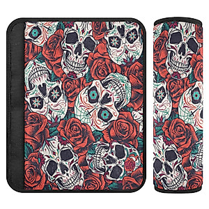 Sugar Skulls Roses Seat Belt Covers for Baby Kids Car Seat Strap Shoulder Seatbelt Covers 2 Pack Super Soft Car Seat Neck Cover for Boys Girls Adults Babies 6.5 in