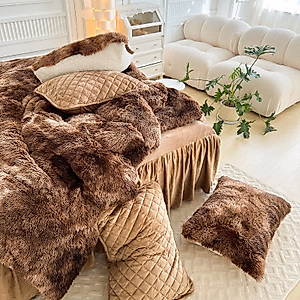 Fur Bed in a Bag Queen Size Faux Fur Comforter Set White with Coffee - 6 Pieces Shaggy Comforter Set Adult Size - Luxury Warm Winter Bed in a Bag Style with Flannel Bed Skirt, Pillowcases