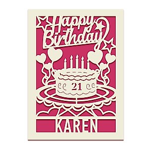 EDSG Birthday Cards for Women Men Personalized Birthday Card for Sister Husband Wife Son Daughter Friend Custom Laser Paper Cut Cards Gifts with Any Age & Name for 3rd 7th 18th 21st 30th (Fuchsia)