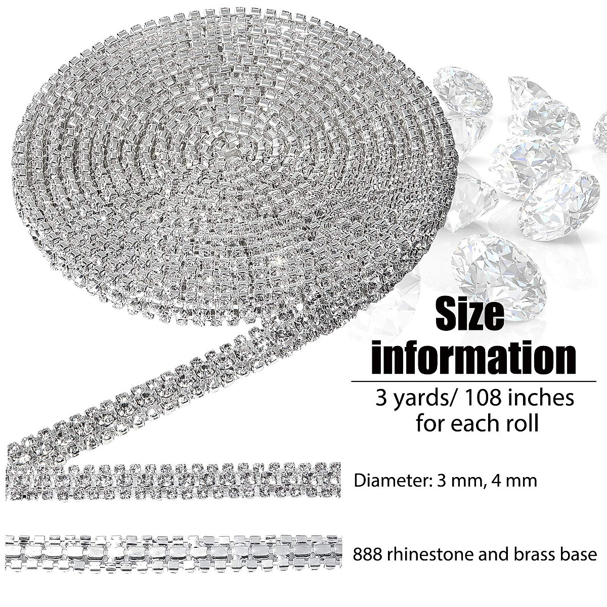3 Yards 3 Rows Crystal Rhinestone Close Chain Trim for Crafts (White Rhinestone with Silver Base,3 Yard x 0.47 Inch)