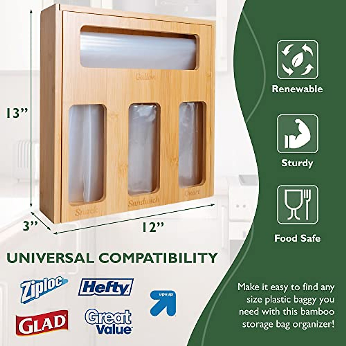 Ziplock Bag Storage Organizer for Kitchen Drawer - Bamboo Zip Lock Plastic Baggy Dispenser - Magnetic Sliding Lid for Easy Refill - Ziplock Bag Organizer Fits Gallon, Quart, Sandwich, Snack Baggies