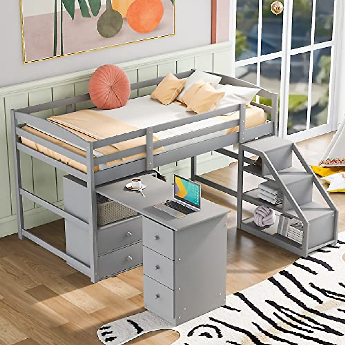 ERDAYE Twin Size Wooden Loft Bed Frame with Multifunctional Movable Built-in Desk, 5 Drawers and Staircase Bring Storage Shelf for Bedroom Guest Room Furniture, Gray