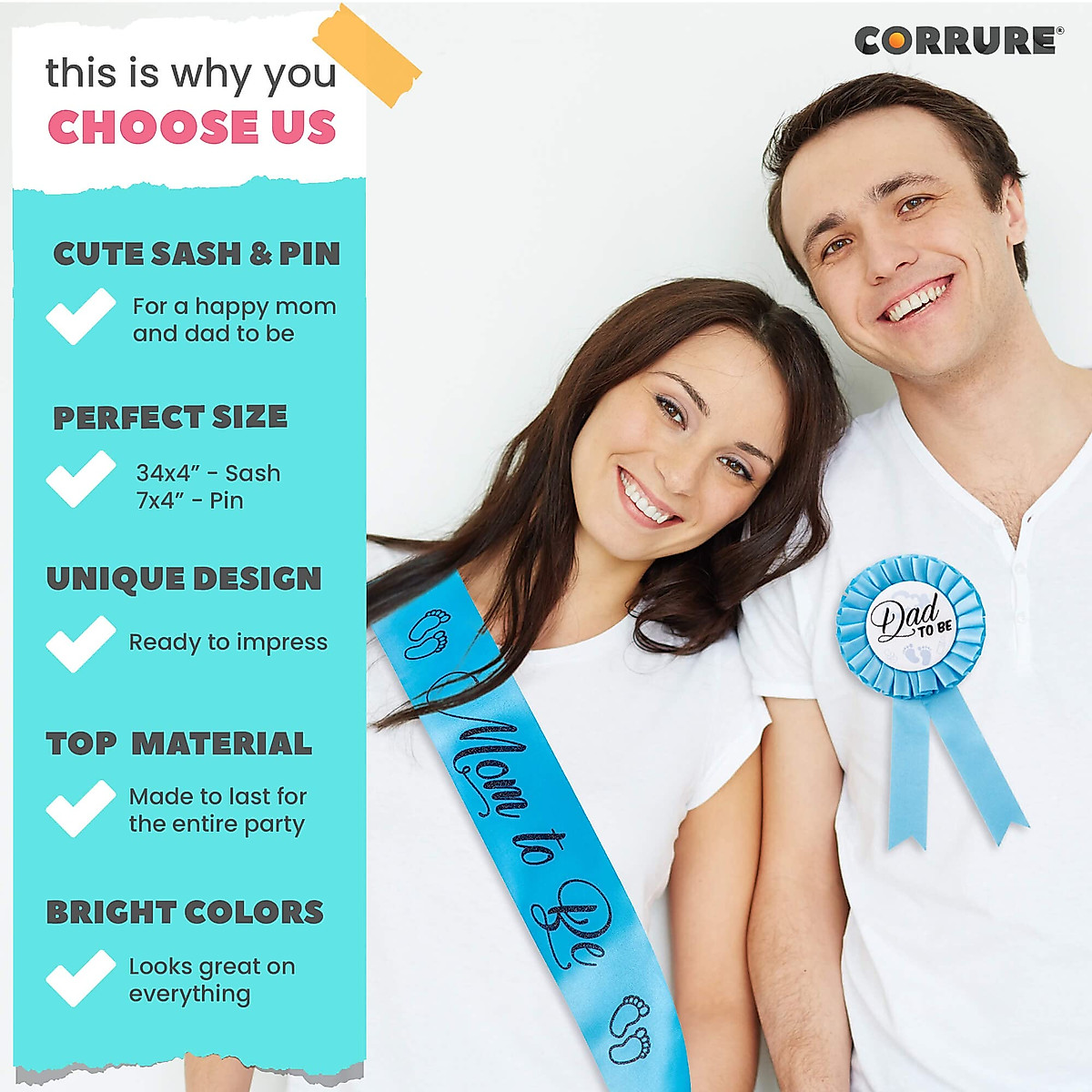CORRURE Baby Shower Sash and Button Pin for Boy - 'Mom to Be' Sash and 'Dad to Be' Pin with Beautiful Blue Ribbon and Black Glitter Text - Ideal Mom and Dad Gift for Gender Reveal/Baby Shower