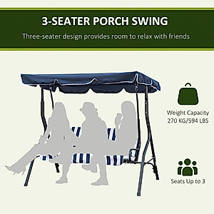 Outsunny 3-Person Patio Porch Swing with Adjustable Canopy for Adults, Steel Frame, Seat & Backrest Cushion, Armrests, Dark Blue & White Striped