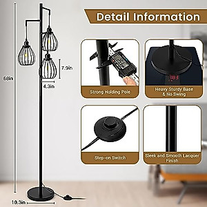 HIHUOS Dimmable Floor Lamp for Living Room - Retro 68" Tall Standing Tree Lamps for Bedroom - Black Farmhouse Pole Stand Up Lamps for Office Home [Upgraded]