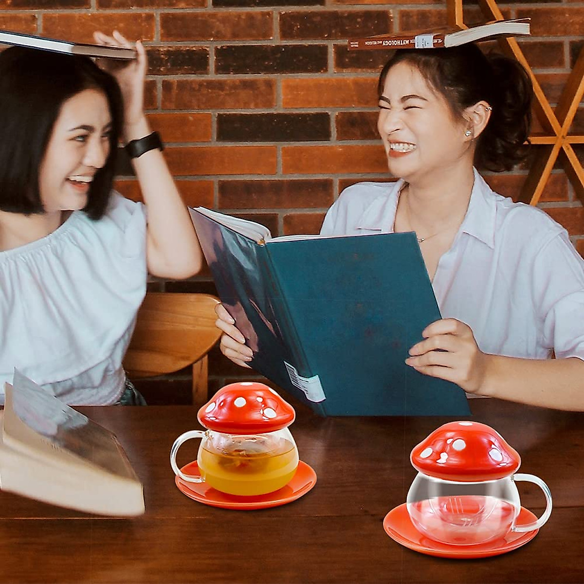 BINBE Cute Mushroom Cup,Heat Resistant Glass Tea Cup with Lid & Filter Infuser &Tray Kawaii Gifts Mushroom Mug for Coffee,Loose Leaf Tea,Milk (Orange)