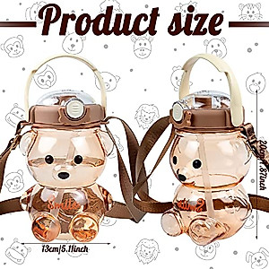 Kawaii Bear Straw Bottle,Portable Large Capacity Bear Water Bottle with Strap and Straw,Cute Bear Shaped Water Bottle Adjustable Removable Strap for Girls School Outdoor Travel (Brown-A)