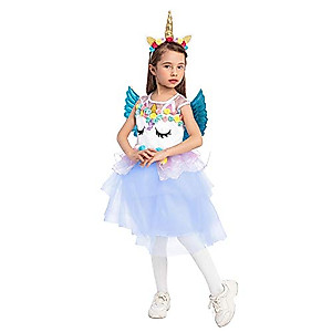 Spooktacular Creations Unicorn Princess Pageant Flower Girl Tutu Dress Rainbow Skirt with Headband and Wings for Kids (Blue, Small)