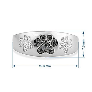 Jewelili Sterling Silver Treated Black and Natural White Round Diamonds Paw Ring, Size 7