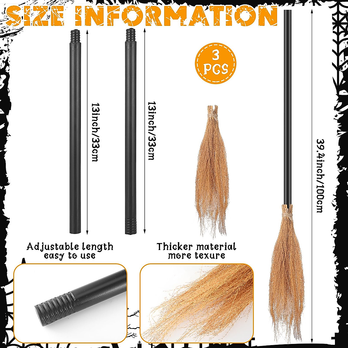 Panitay 6 Pieces Halloween Witch Broom Hat Set, Includes 3 Pcs Realistic Witch Brooms and 3 Pcs Black Witch Hats, Halloween Witch Accessories for Halloween Party Cosplay Props Costume Accessories