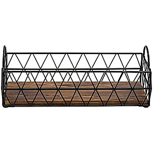 MyGift 16 Inch Deluxe Black Metal Toilet Tank Tray with Geometric Wire Design and Burnt Wood Base, Bathroom Vanity Toiletry Storage Organizer Tray with Handles