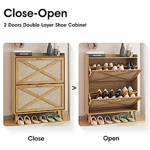 Maupvit Shoe Cabinet with 2 Flip Drawers, Freestanding Shoe Cabinet Organizer with Wood Legs, Shoes Storage Cabinet for Entryway, Narrow Shoe Rack Cabinet, Yellow