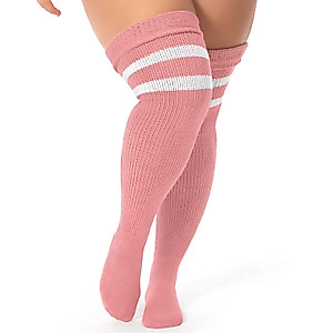 Littleforbig Plus Size Thigh High Long Striped Cable Knitted Stockings - Pink