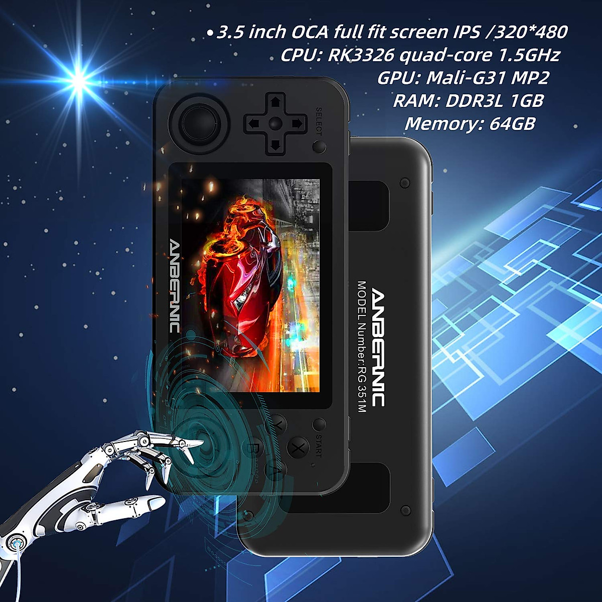 RG351M Handheld Game Console WiFi Function, Open Source System RK3326 Chip 64G TF Card 2500 Classic Games 3.5 Inch IPS Screen 3500mAh Battery (Black)