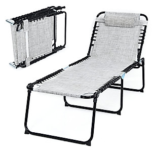 Tangkula Foldable Beach Lounge Chair for Outside, Sunbathing Chair with Removable Headrest, 4-Position Adjustable Backrest, Portable Tanning Chaise Lounger for Yard, Patio, Beach, Camping (1, Grey)